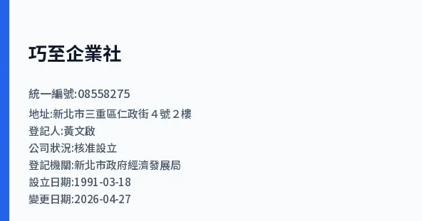 巧至企業社的照片-統編 08558275(新北市) 公司登記資料與營業項目詳細圖表