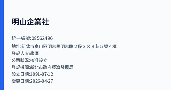 明山企業社的照片-統編 08562496(新北市) 公司登記資料與營業項目詳細圖表