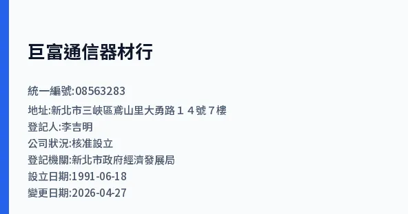 巨富通信器材行的照片-統編 08563283(新北市) 公司登記資料與營業項目詳細圖表