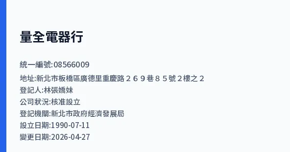 量全電器行的照片-統編 08566009(新北市) 公司登記資料與營業項目詳細圖表