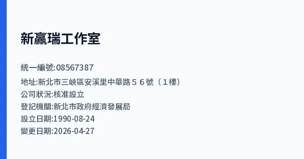 新鸁瑞工作室的照片-統編 08567387(新北市) 公司登記資料與營業項目詳細圖表