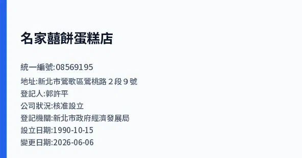 名家囍餅蛋糕店的照片-統編 08569195(新北市) 公司登記資料與營業項目詳細圖表