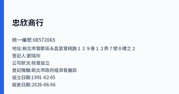 忠欣商行的照片-統編 08572065(新北市) 公司登記資料與營業項目詳細圖表