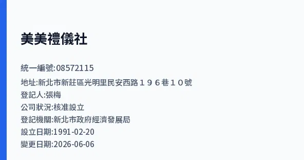 美美禮儀社的照片-統編 08572115(新北市) 公司登記資料與營業項目詳細圖表