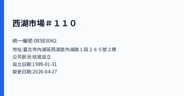 西湖市場#110的照片-統編 08583062(臺北市) 公司登記資料與營業項目詳細圖表