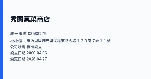 秀蘭菓菜商店的照片-統編 08588279(臺北市) 公司登記資料與營業項目詳細圖表