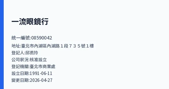 一流眼鏡行的照片-統編 08590042(臺北市) 公司登記資料與營業項目詳細圖表