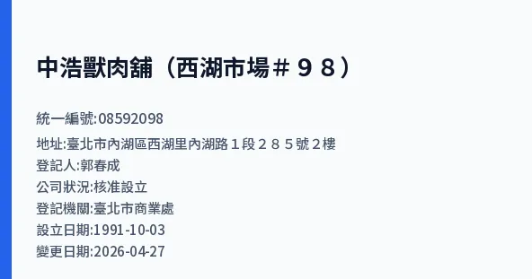 中浩獸肉舖(西湖市場#98)的照片-統編 08592098(臺北市) 公司登記資料與營業項目詳細圖表