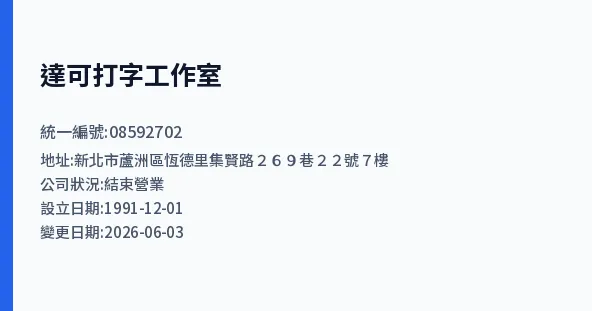 達可打字工作室的照片-統編 08592702(新北市) 公司登記資料與營業項目詳細圖表