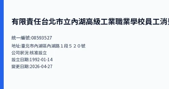 有限責任台北市立內湖高級工業職業學校員工消費合作社的照片-統編 08593527(臺北市) 公司登記資料與營業項目詳細圖表