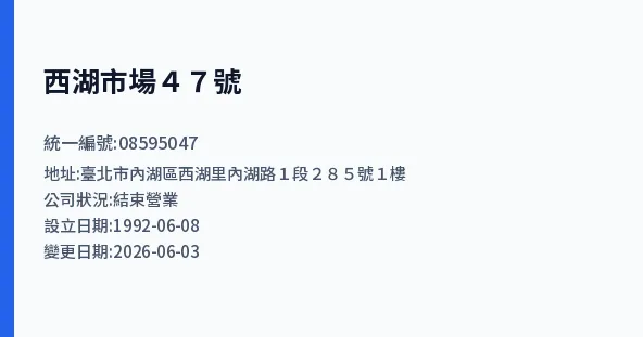 西湖市場47號的照片-統編 08595047(臺北市) 公司登記資料與營業項目詳細圖表