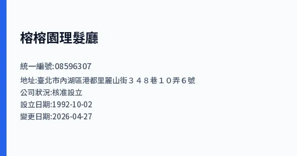 榕榕園理髮廳的照片-統編 08596307(臺北市) 公司登記資料與營業項目詳細圖表
