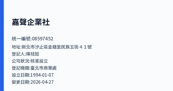嘉聲企業社的照片-統編 08597452(新北市) 公司登記資料與營業項目詳細圖表