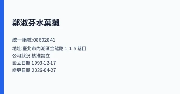 鄭淑芬水菓攤的照片-統編 08602841(臺北市) 公司登記資料與營業項目詳細圖表