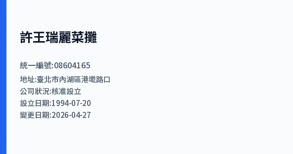 許王瑞麗菜攤的照片-統編 08604165(臺北市) 公司登記資料與營業項目詳細圖表