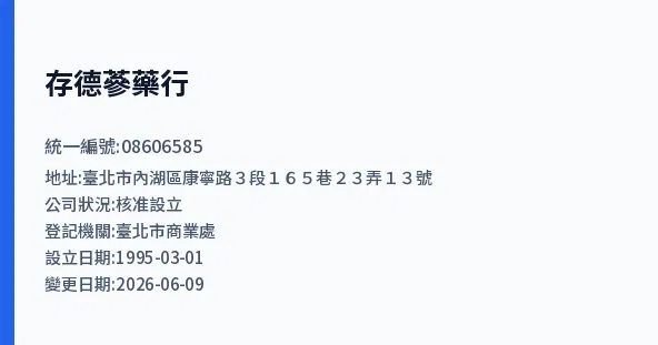 存德蔘藥行的照片-統編 08606585(臺北市) 公司登記資料與營業項目詳細圖表