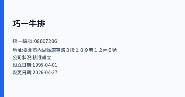 巧一牛排的照片-統編 08607206(臺北市) 公司登記資料與營業項目詳細圖表