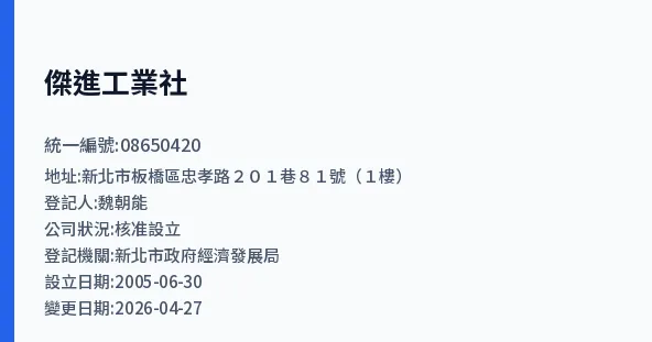 傑進工業社的照片-統編 08650420(新北市) 公司登記資料與營業項目詳細圖表