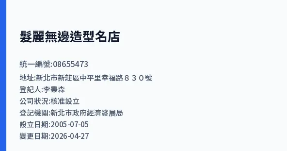 髮麗無邊造型名店的照片-統編 08655473(新北市) 公司登記資料與營業項目詳細圖表