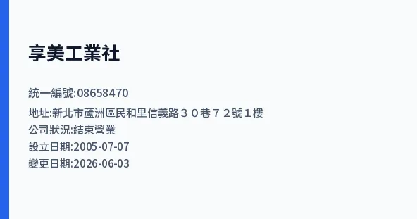 享美工業社的照片-統編 08658470(新北市) 公司登記資料與營業項目詳細圖表