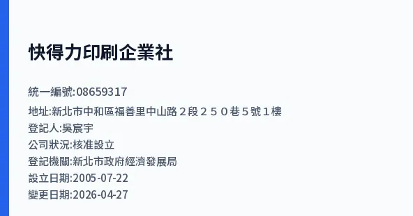快得力印刷企業社的照片-統編 08659317(新北市) 公司登記資料與營業項目詳細圖表