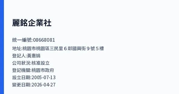 麗銘企業社的照片-統編 08668081(桃園市) 公司登記資料與營業項目詳細圖表