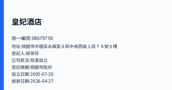 皇妃酒店的照片-統編 08679756(桃園市) 公司登記資料與營業項目詳細圖表