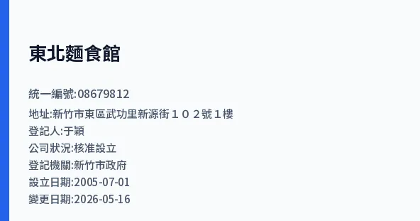 東北麵食館的照片-統編 08679812(新竹市) 公司登記資料與營業項目詳細圖表
