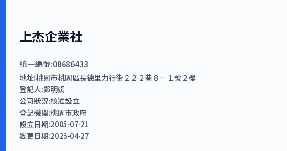 上杰企業社的照片-統編 08686433(桃園市) 公司登記資料與營業項目詳細圖表