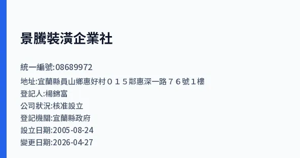 景騰裝潢企業社的照片-統編 08689972(宜蘭縣) 公司登記資料與營業項目詳細圖表