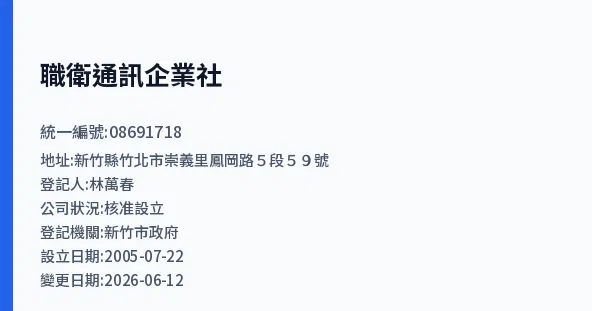 職衛通訊企業社的照片-統編 08691718(新竹縣) 公司登記資料與營業項目詳細圖表