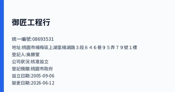 御匠工程行的照片-統編 08693531(桃園市) 公司登記資料與營業項目詳細圖表