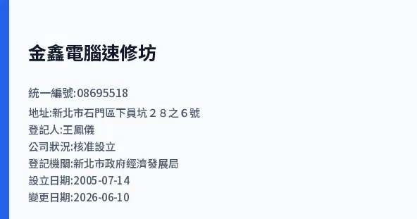 金鑫電腦速修坊的照片-統編 08695518(新北市) 公司登記資料與營業項目詳細圖表