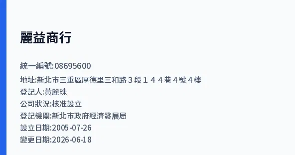 麗益商行的照片-統編 08695600(新北市) 公司登記資料與營業項目詳細圖表