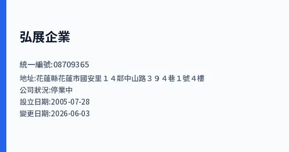 弘展企業的照片-統編 08709365(花蓮縣) 公司登記資料與營業項目詳細圖表