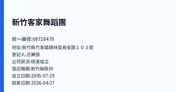 新竹客家舞蹈團的照片-統編 08718478(新竹縣) 公司登記資料與營業項目詳細圖表