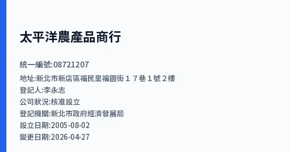 太平洋農產品商行的照片-統編 08721207(新北市) 公司登記資料與營業項目詳細圖表