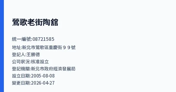 鶯歌老街陶舘的照片-統編 08721585(新北市) 公司登記資料與營業項目詳細圖表
