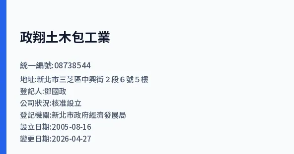 政翔土木包工業的照片-統編 08738544(新北市) 公司登記資料與營業項目詳細圖表