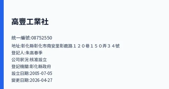 高豐工業社的照片-統編 08752550(彰化縣) 公司登記資料與營業項目詳細圖表