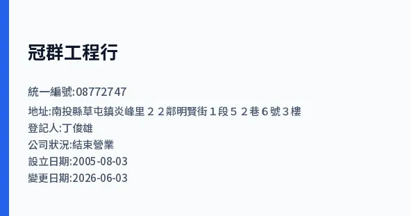 冠群工程行的照片-統編 08772747(南投縣) 公司登記資料與營業項目詳細圖表