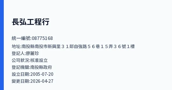 長弘工程行的照片-統編 08775168(南投縣) 公司登記資料與營業項目詳細圖表