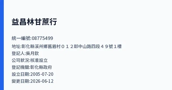 益昌林甘蔗行的照片-統編 08775499(彰化縣) 公司登記資料與營業項目詳細圖表