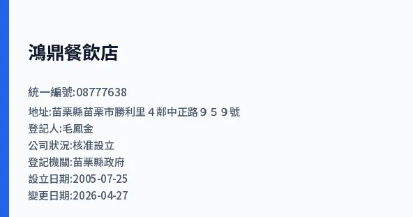 鴻鼎餐飲店的照片-統編 08777638(苗栗縣) 公司登記資料與營業項目詳細圖表