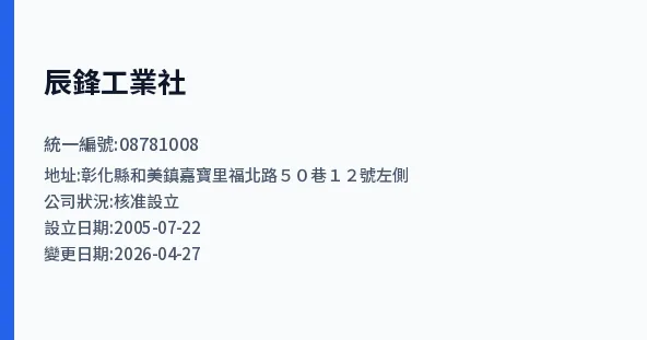 辰鋒工業社的照片-統編 08781008(彰化縣) 公司登記資料與營業項目詳細圖表