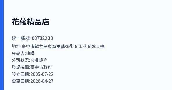 花蘿精品店的照片-統編 08782230(臺中市) 公司登記資料與營業項目詳細圖表
