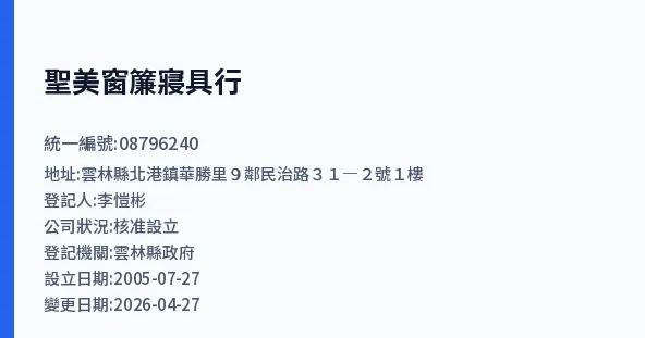 聖美窗簾寢具行的照片-統編 08796240(雲林縣) 公司登記資料與營業項目詳細圖表