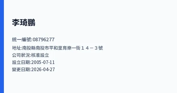 李琦鵬的照片-統編 08796277(南投縣) 公司登記資料與營業項目詳細圖表