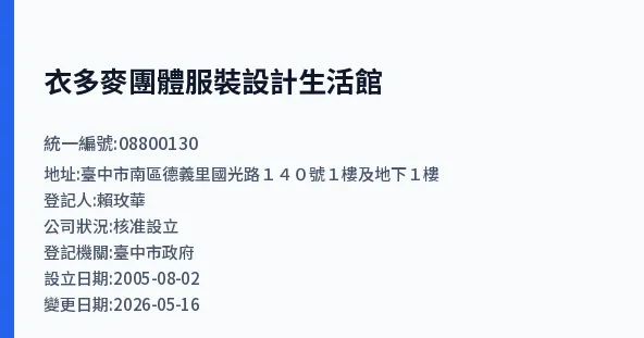 衣多麥團體服裝設計生活館的照片-統編 08800130(臺中市) 公司登記資料與營業項目詳細圖表