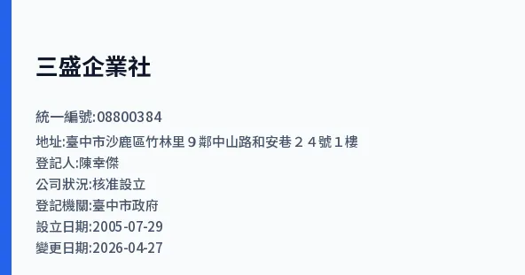 三盛企業社的照片-統編 08800384(臺中市) 公司登記資料與營業項目詳細圖表